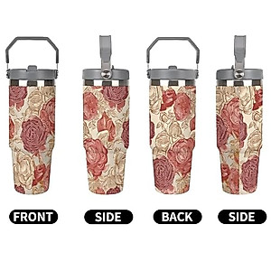 ZJCDPBR 30 Oz Tumbler with Foldable Handle And Flip Straw,Rose Vacuum Insulated Travel Coffee Tumblers,Stainless Steel Leak-Proof Water Bottle,Fits in Cup Holder,Keep Cold 24H & Hot 12H