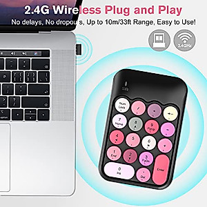 PINKCAT Wireless Number Pad, Cute 18 Keys Numeric Keypad with 2.4G Mini USB Receiver, Portable Silent Number Numpad Financial Accounting for Laptop, PC, Notebook, Desktop, Surface - Black Mix