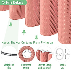 Dynamene Coral Fabric Shower Curtain - Waffle Weave Textured Heavy Duty Cloth Shower Curtains for Bathroom, 256GSM Hotel Luxury Weighted Bath Curtain Set with 12 Hooks,72x72, Coral