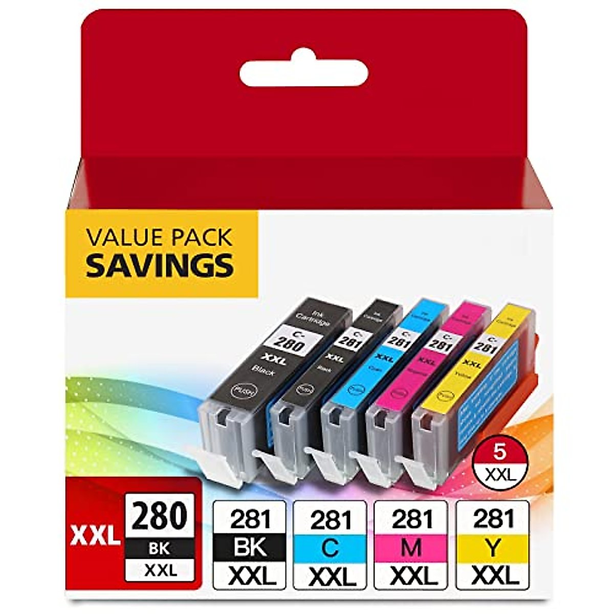 PGI-280XXL/CLI-281XXL 5 Color Value Pack Replacement for Canon 280 281 Ink Cartridges Compatible with PIXMA TR7520 TR8520 TS6120 TS6220 TS8120 TS8220 TS9120 TS9520 TS6320 TS9521C Printer