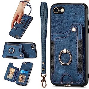 JanCalm for iPhone SE Case 2022/SE 2020 Case,for iPhone 8/7 Case,Card Holder Wallet,Ring Holder Stand,RFID-Blocking,Wrist Strap,Camera Protector,Leather Protective Magnetic Flip Cover (Blue)