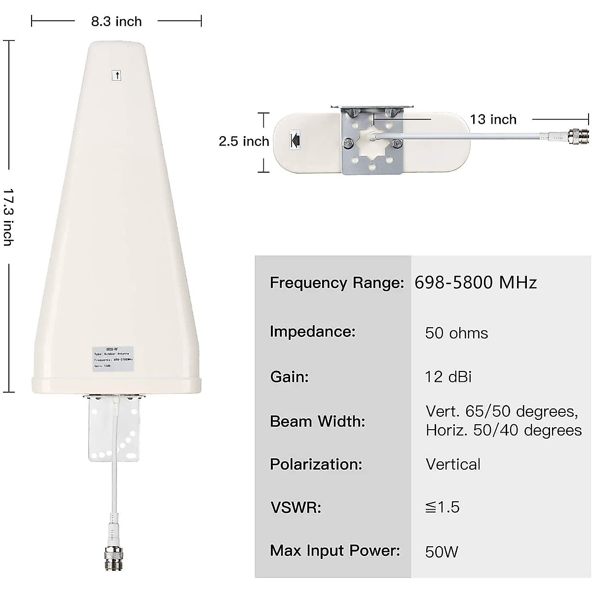 XRDS-RF 12 dBi Wideband Directional Antenna 4G/5G/LTE/Wi-Fi Universal Fixed Mount Outdoor High Gain Lte Antenna (698-5800 MHz)