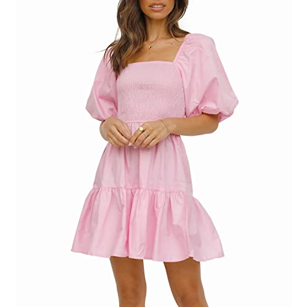 Atizon Women's Summer Smocked Dress Square Neck Puff Sleeve Casual Vintage Off Shoulder A-Line Short Mini Dress