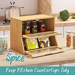 Vriccc Bread Box for Kitchen Counter, Large Bamboo Wooden Double Layer Large Capacity Bread Storage Bin with Acrylic Wavy Door Panel (Natural)