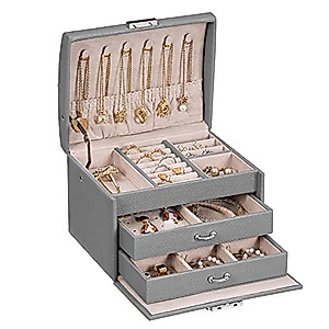 BEWISHOME Jewelry Box for Girls Women,3 Layers Jewelry Organizer Box Gifts for Girls Women, Mini Jewelry Travel Case with Lock, PU Leather Jewelry Case for Earrings, Rings, Necklaces Grey, SSH88H