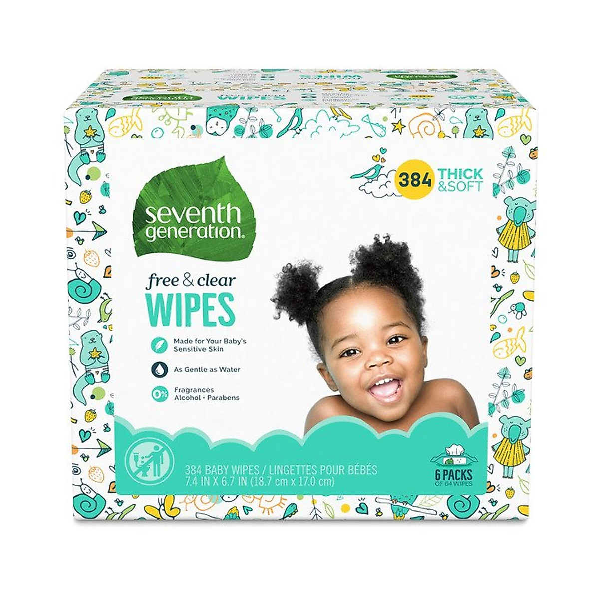 Seventh Generation Baby Wipes, 384 count, Made for Sensitive Skin with Flip Top Dispenser,64 Count (Pack of 6)
