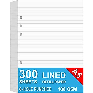 (3-Pack) A5 Lined Refills Paper for Filofax Planner/Binders/Organizer, 6 Hole Punched, Total 300 Sheets/600 Pages, 100gsm, White, 5.8 x 8.2 Inch