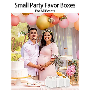 Happyhiram 50 Pcs Party Treat Boxes White, 6 Inch Candy Boxes Party Favors with Handle Paper Cookie Gift Bags Gable Boxes Snack Goodie Bags for Kids Birthday Baby Shower Wedding
