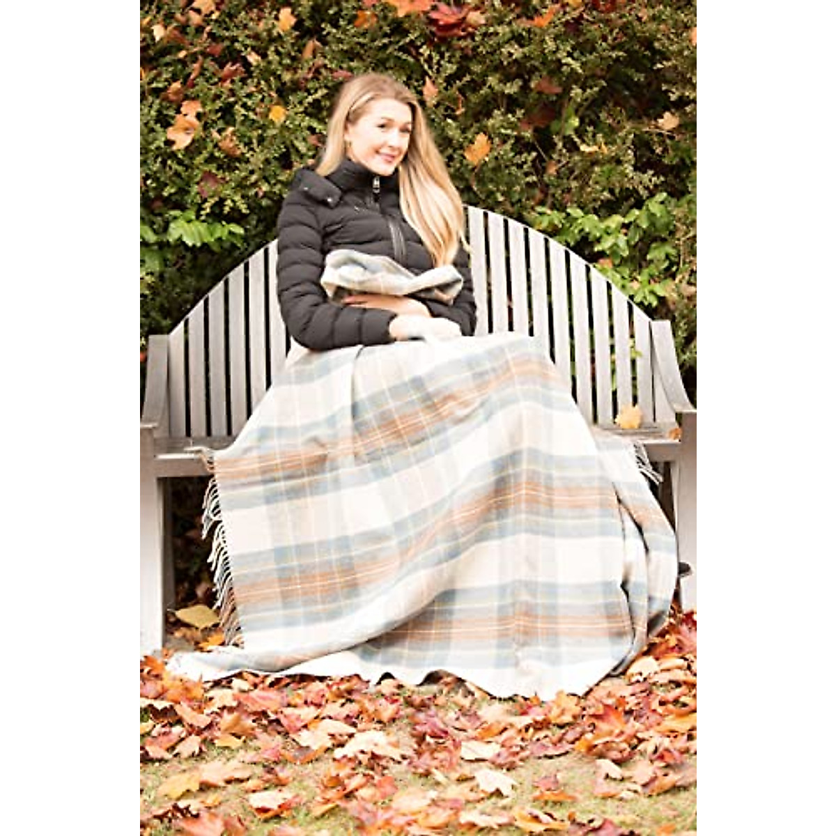 Patrick King Woollen Company Merino Wool Tartan Throw Blanket 69" x 62" Stewart Muted Blue Fringed Plaid Blanket for Home Decor, Camping & Everyday Use | Warm Thick Durable Sustainable Wool Throw