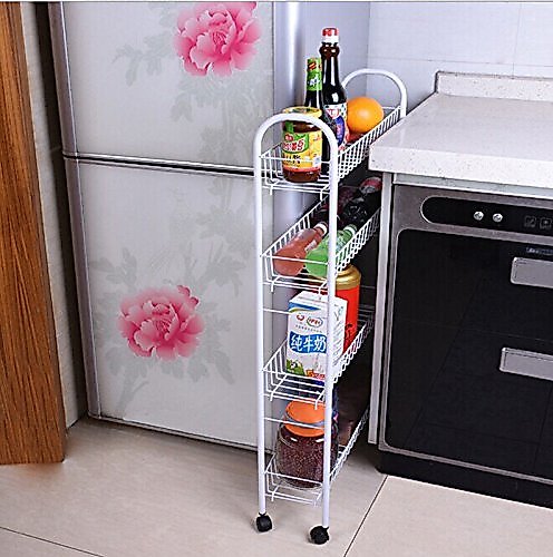 OKOKMALL US--Kitchen Storage Cart Slim Fridge Slide Tower Rack Shelf 4-Tiers with Wheels