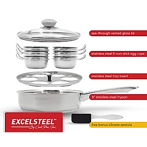 EXCELSTEEL Non Stick Easy Use Rust Resistant Home Kitchen Breakfast Brunch Induction Cooktop Egg Poacher, 6 Cup, Stainless Steel, Round