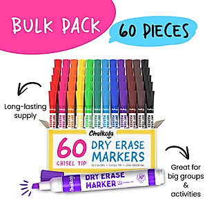 Chalkola Dry Erase Markers Bulk Pack of 60 (12 Vibrant Colors), Chisel Tip White Board Markers Dry Erase Pens - Whiteboard Markers for Kids, Home, Office Supplies, Back to School Supplies