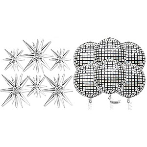 PartyWoo Silver Star Balloons 6 pcs and 6 pcs Disco Silver Foil Balloons