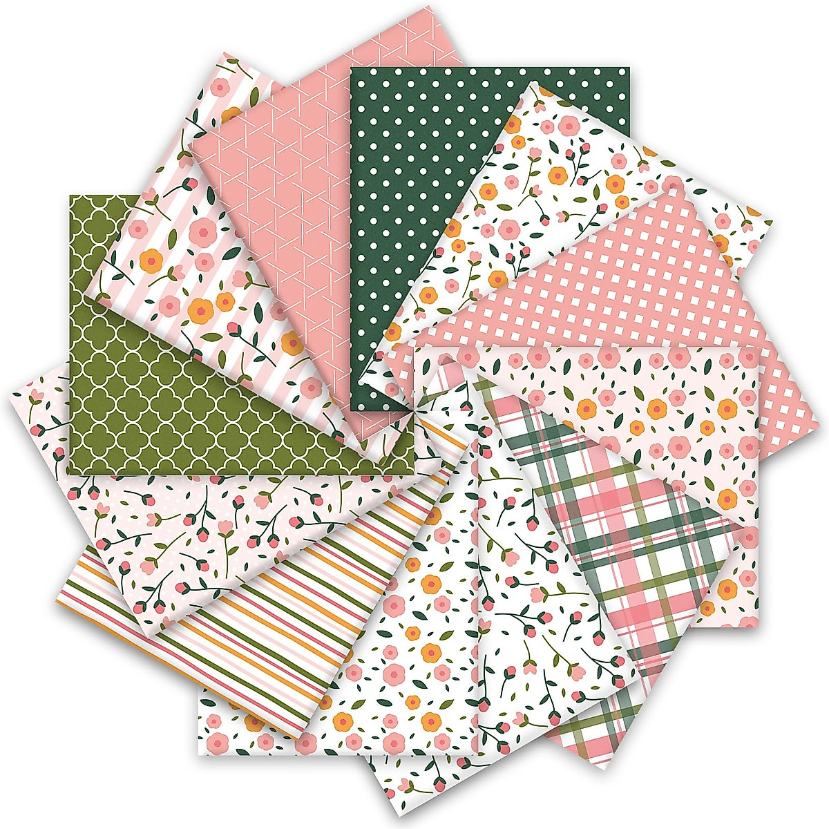 JarThenaAMCS 12Pcs Cotton Fabric Bundles Pink Green Floral Gingham Stripe Dot Fat Quarters Retro Quilting Patchwork for Spring DIY Craft Home Party Decor, 18 x 22 Inch