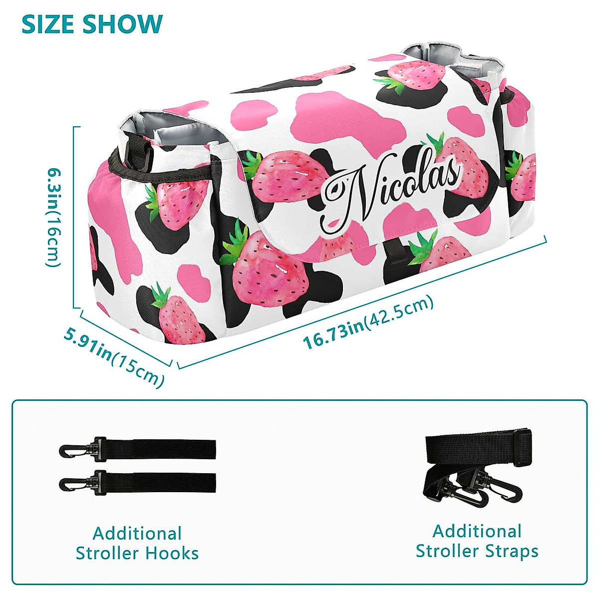 RunningBear Custom Cow Strawberry Universal Baby Stroller Organizer Personalized Stroller Caddy with Cup Holders Customized Universal Stroller Caddy for Mom Dad