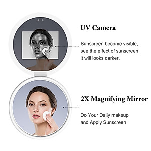 FENCHILIN Travel Compact Mirror with UV Camera for Sunscreen Test, 2X Magnification Portable Lighted Mirror for Handbag Pocket, 3.5 Inch