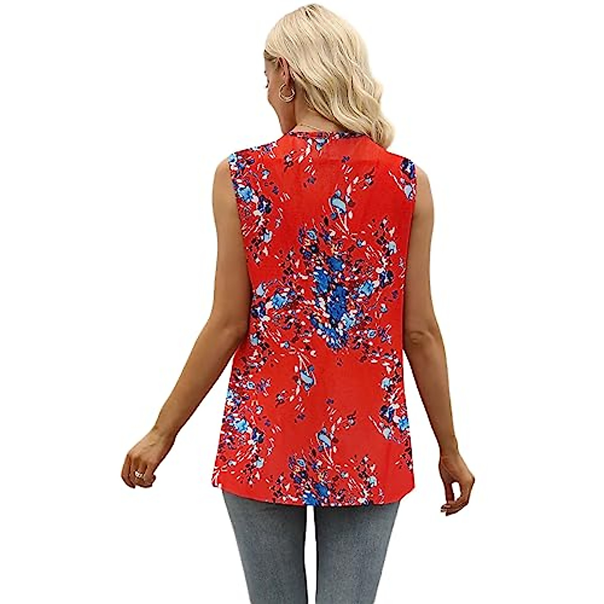 MIDOSOO Summer Tank Tops for Women Elegant Chiffon Sleeveless Shirts Fold Pleated Blouses Floral Red Medium