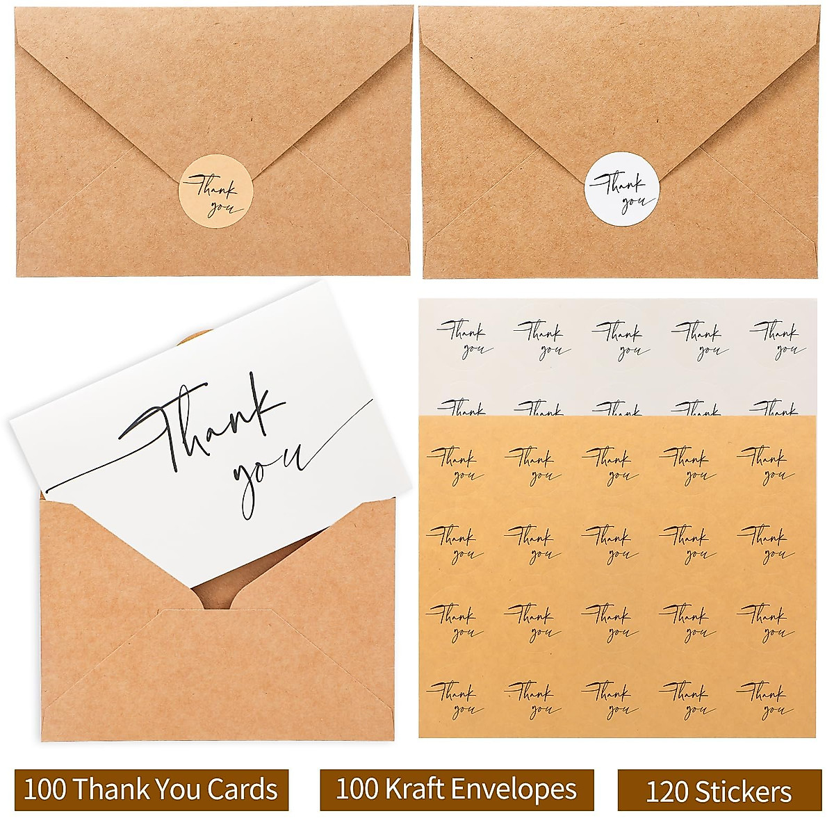 miikoul 100 Pieces Thank You Cards with Kraft Envelopes & Stickers 4x6 Inch Minimalistic Design Bulk Thank You Note for Thanksgiving Day,Baby Shower, Wedding,Business, Doctor,Teachers