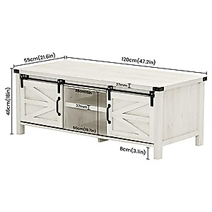 St.Mandyu Farmhouse Coffee Table with Hidden Compartment and Storage Cabinets Shelves, Wood Rectangular Tables with Sliding Barn Doors for Living Room Reception, Wash White