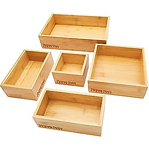 Thomas Grace Homewares 5-Piece Bamboo Storage Box & Organizer Set Multi-sized Set of 5 Drawer Dividers Organizer Boxes for kitchen, office, jewellery, junk, cosmetic, bath, bedroom or Gift.