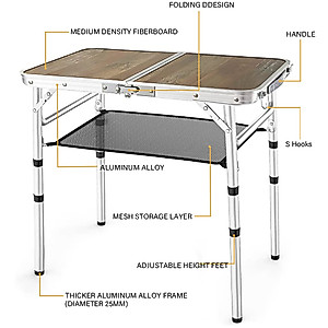 YihuiKo Small Folding Table,3 Adjustable Heights Foldable Table, Camping Table,Outdoor Folding Table with Storage Mesh Layer，Portable Table for BBQ,Patio,Garden and Indoor(Brown)