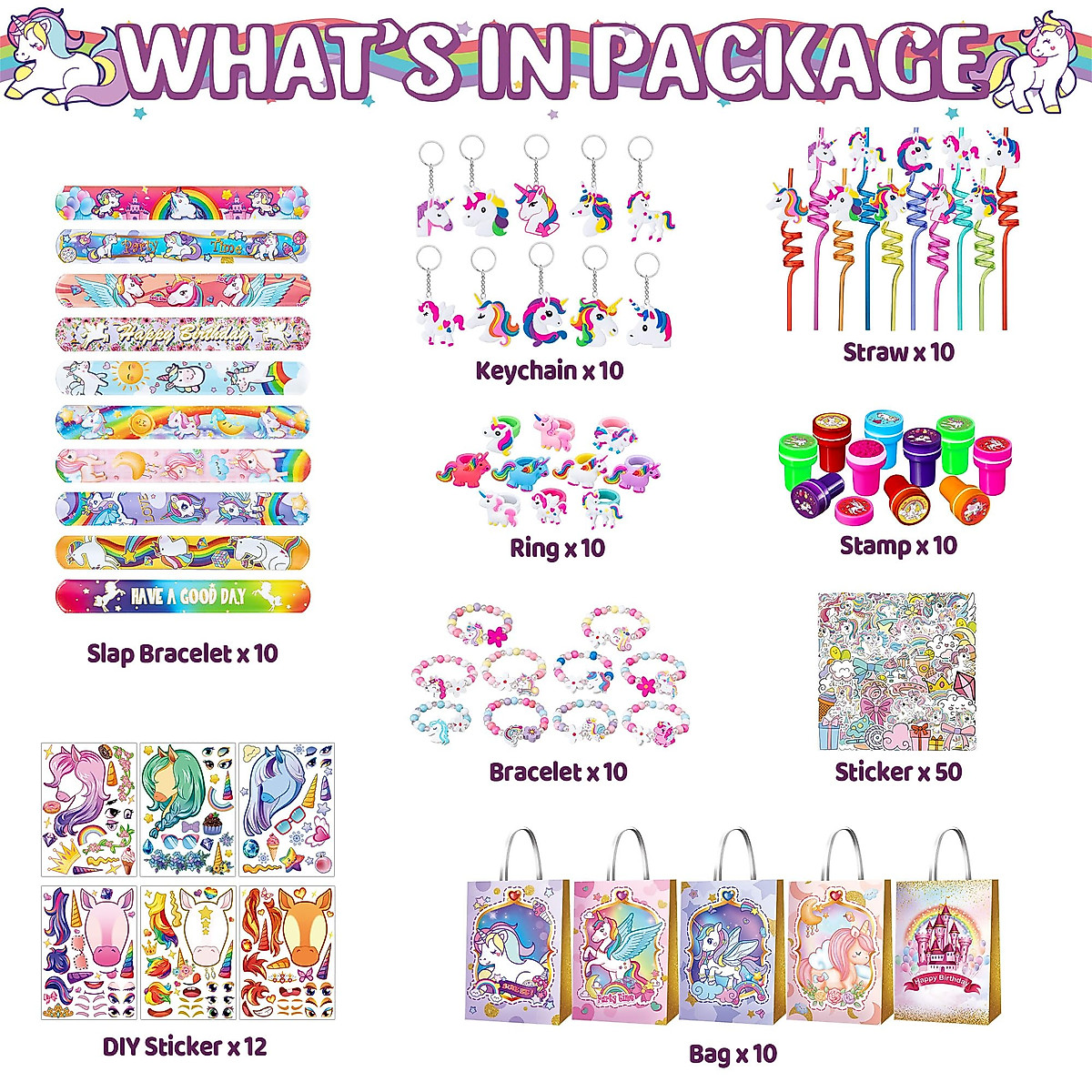 KULUJIA 132 Pcs Unicorn Party Favors Birthday Supplies Girls Bags Goodie Bag Stuffers Filler Party Supplies