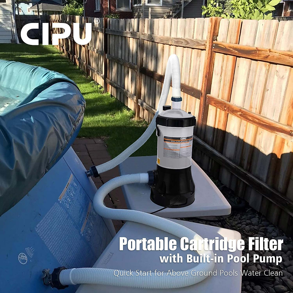 CIPU Portable Cartridge Filter Pump with Pressure Gauge 1500GPH Flow Efficiently for Above Ground Swimming Pools Water Filtration System Built-in 0.25HP Pool Pump CPCF724