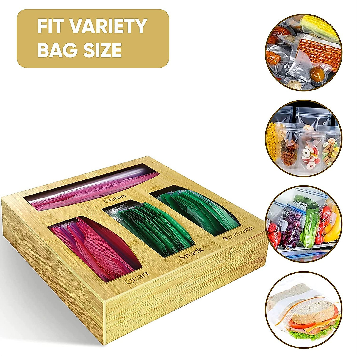 Food Ziplock Bag Storage Organizer For Kitchen Drawer, Bamboo Baggie Holder, Compatible With Ziploc, Solimo, Glad, Hefty For Gallon, Quart, Sandwich And Snack Variety Size Bags(1 Box 4 Slots) (1)