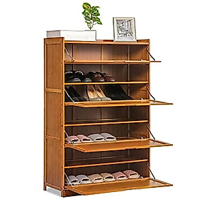 MoNiBloom 7 Tier Shoe Rack, Bamboo Shoes Heels Sneakers Storage Cabinet Organizer with Pull-Down Doors for 26-30 Pairs Entryway Hallway Living Room, Brown