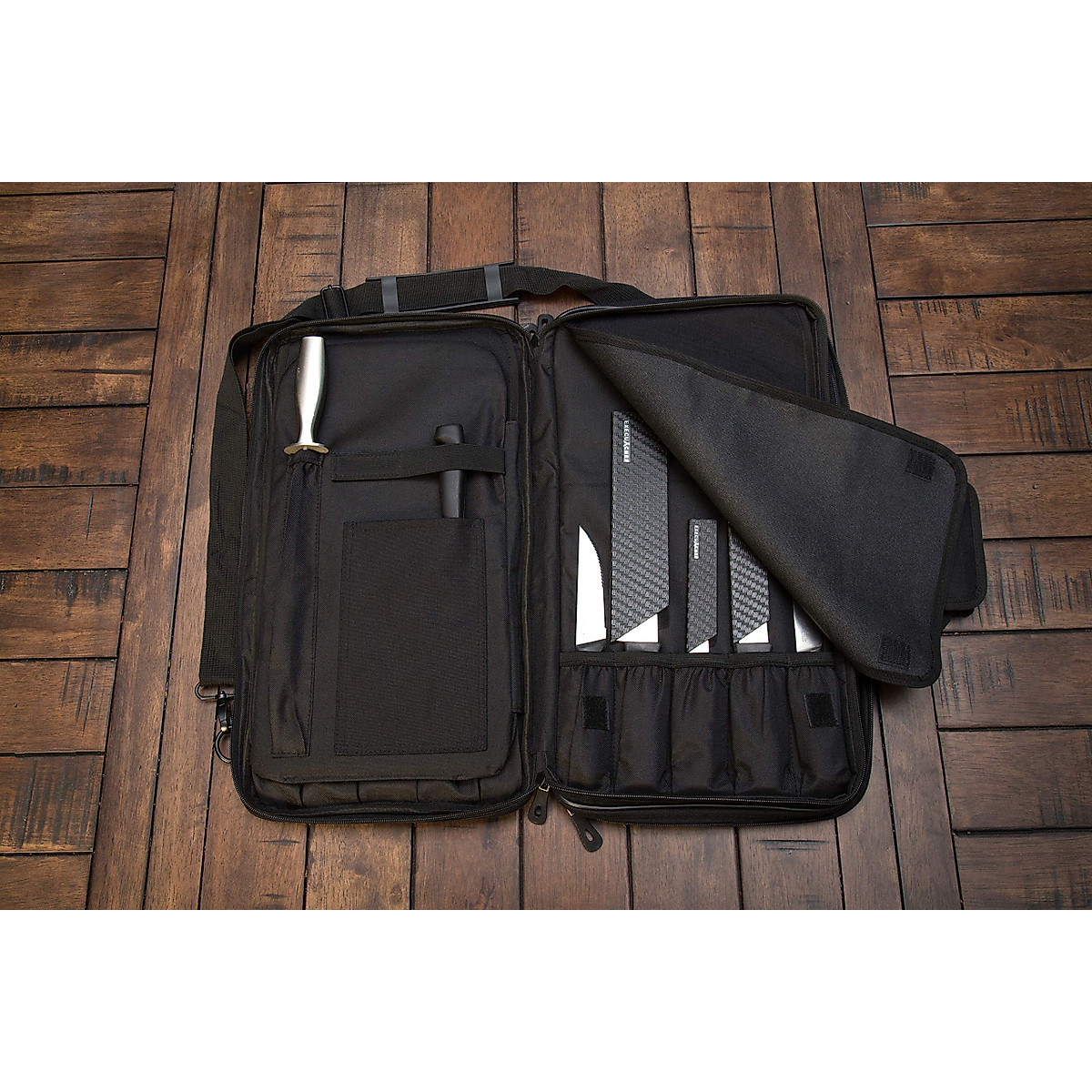 Asaya Chef Knife Bag - 28 Pockets for Knives and Kitchen Utensils - Durable Ballistic Nylon, Black Stainless Steel Hardware, Card Holder and Adjustable Shoulder Strap - Knifes not Included (Black)