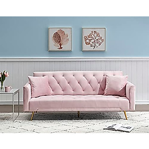 Tufted Upholstered Velvet Modern Futon Loveseat Sleeper Sofa Bed Convertible Couch Daybed,Folding Sofá Beds Recliner,Small Love Seat 2-Seat Couches with Toss Pillows&Metal Legs for Living Room