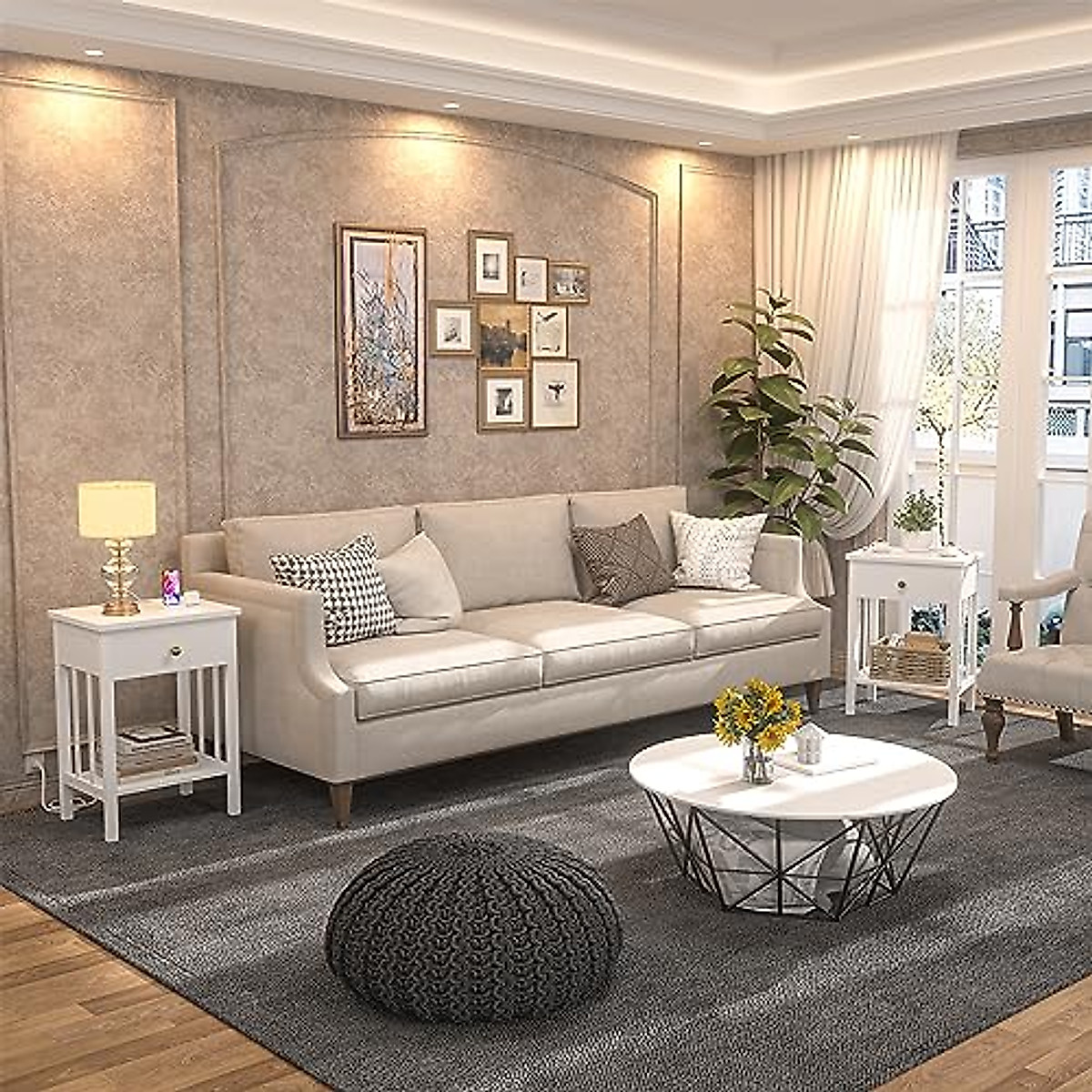 Hoiplu White Nightstand with Charging Station Set of 2, Bamboo Night Stand Bedside Table with 2 USB Port and Outlet, Real Wood End Table Farmhouse Side Table with Drawer for Bedroom, Living Room