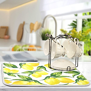Qilmy Lemon Dish Drying Mat Absorbent Reversible Tableware Mat for Kitchen Countertop Home Decoration, 16 x 18 Inch