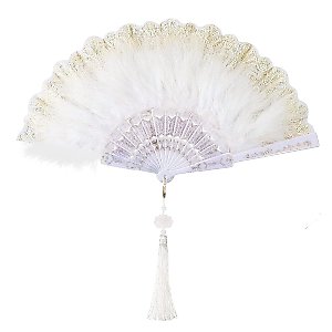 Huralona 1920s Vintage Style Flapper Hand Fan Embroidered Flower Marabou Feather Fan (Embroidered White)