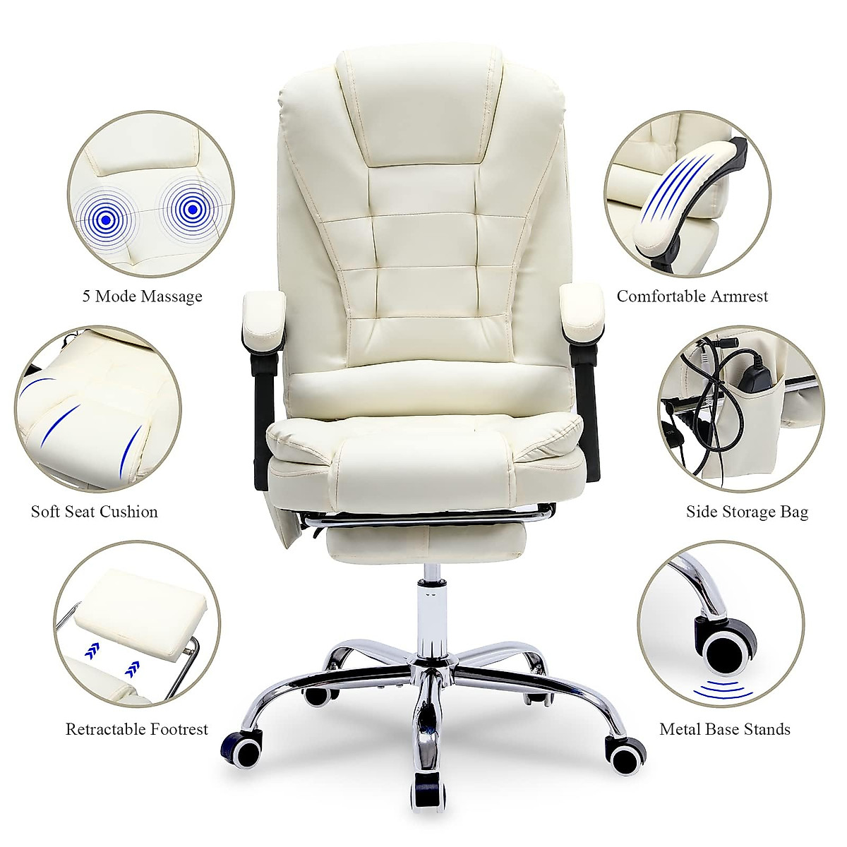 Belandi Massage Office Chair, Ergonomic Executive Computer Chair w/Foot Rest, PU Leather Executive Office Chair w/Heated, Padded Armrest, High Back Swivel Recliner for Office Home Study (White)