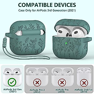 Flower Engraved Case for Apple AirPods 3 Case 2021, Soft Silicone Protective Case for AirPods 3rd Generation Case for Women Airpod Case with Clean Kit,Carabiner,Lanyard,Front LED Visible,Pine Green