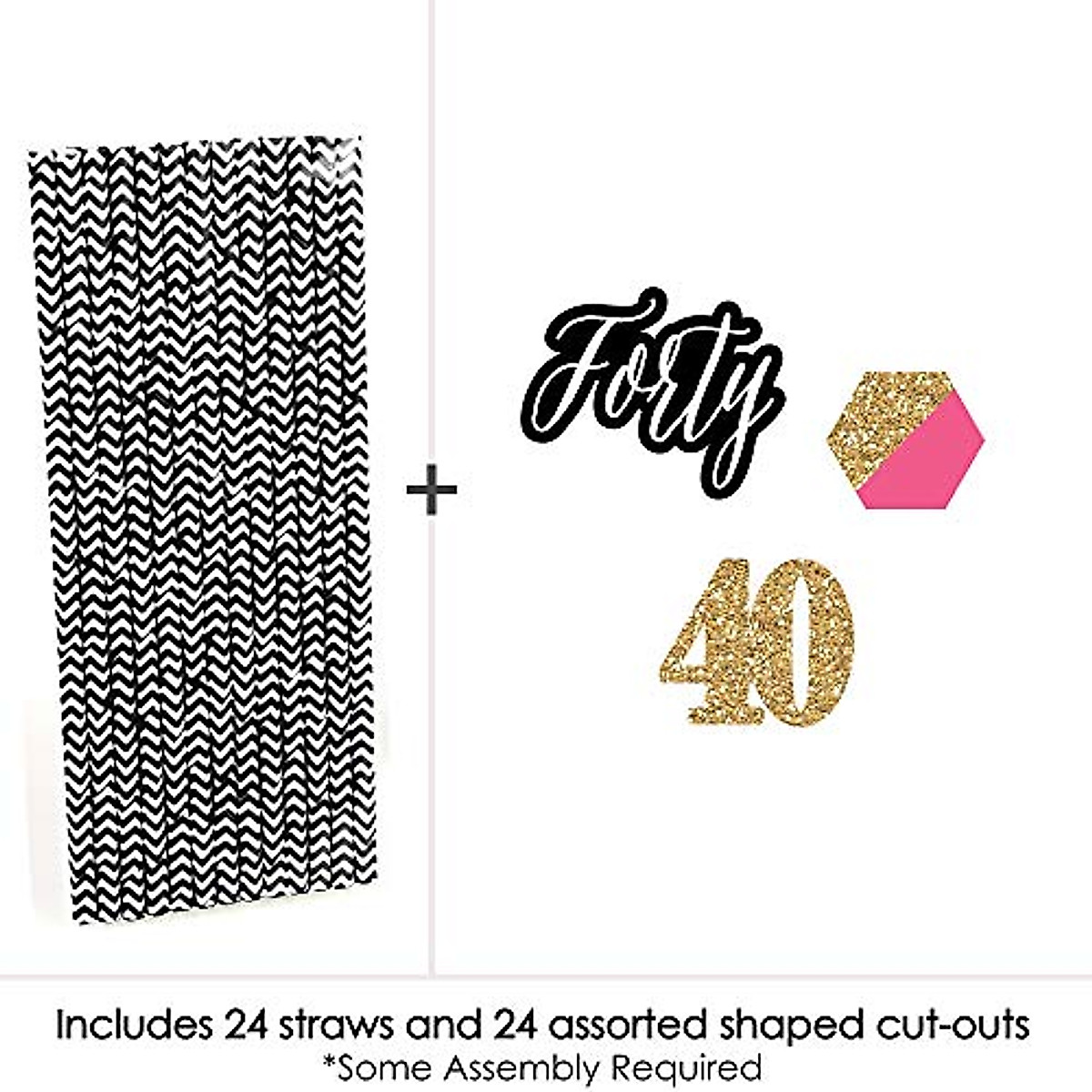 Chic 40th Birthday - Pink, Black and Gold Paper Straw Decor - Birthday Party Striped Decorative Straws - Set of 24