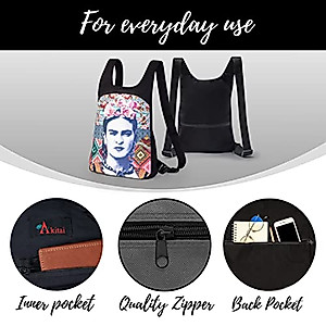 Akitai Frida Kahlo Inspired Backpack - Black Canvas Women Purse - Womens Fashion Art Print Gypsy Bohemian Bag