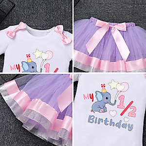 Princess Half/ First/ 2nd Birthday Outfit Girl, Baby Girl Elephant Romper Tutu Skirt Headband Fancy Dress Up Photo Shoot Clothes for Decoration Supplies Purple elephant - my 1/2 birthday 6 Months