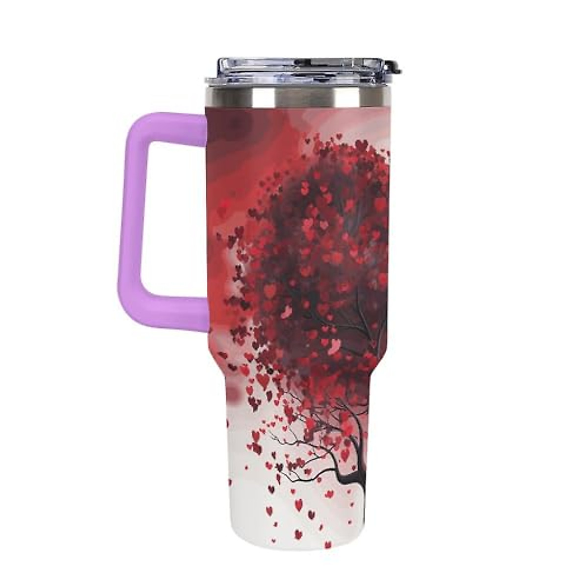 LLUTSNTH 40 Oz Vacuum Tumbler with Violet Handle Leakproof Insulated Tumbler Red Love Heart Tree Stainless Steel Travel Mug with Lid And Straw Coffee Cup Cute Water Bottles Cup Holder Friendly