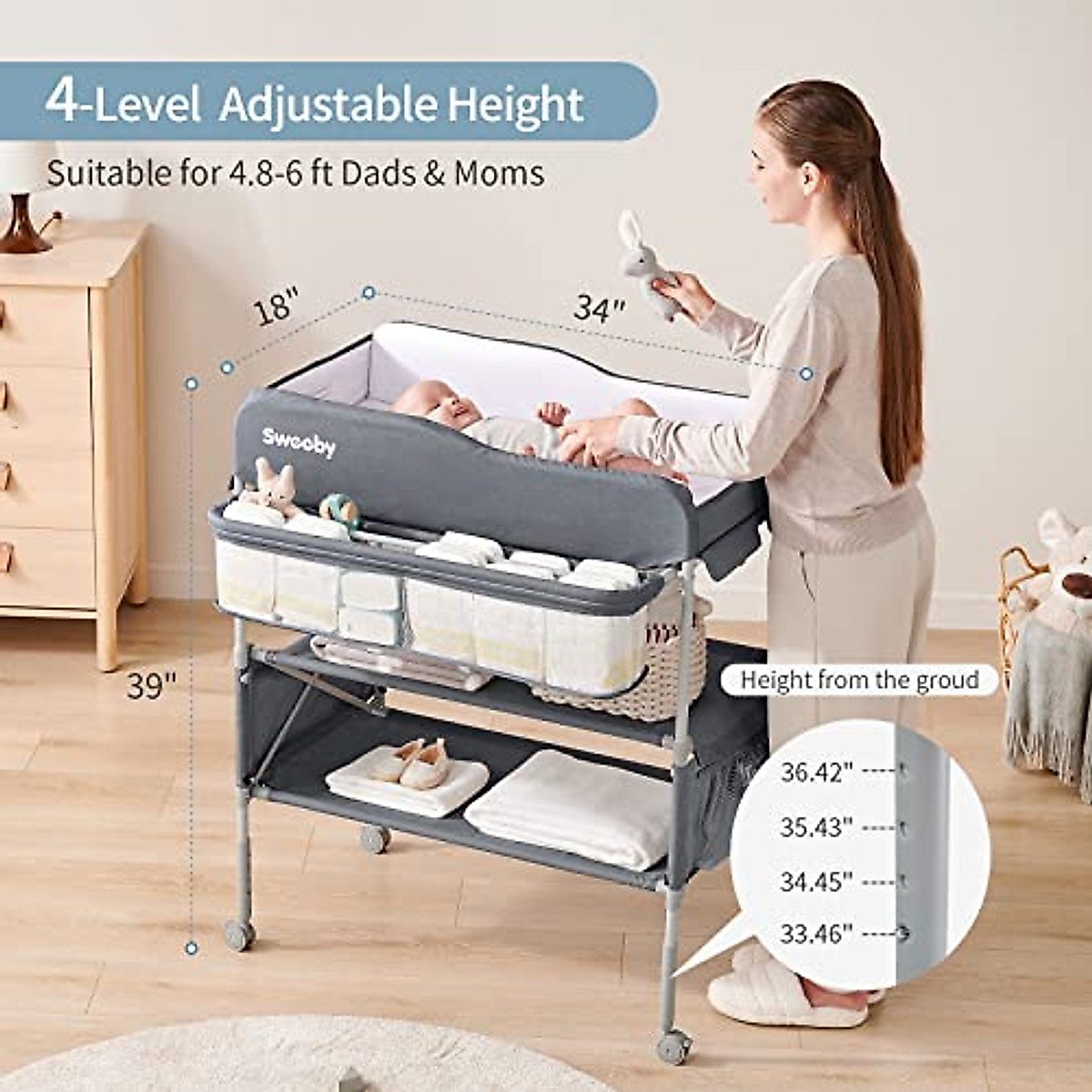 Sweeby Portable Baby Changing Table, Foldable Changing Table Dresser Changing Station for Infant, Waterproof Diaper Changing Table Pad Topper, Mobile Nursery Organizer for Newborn Essentials,Dark Grey