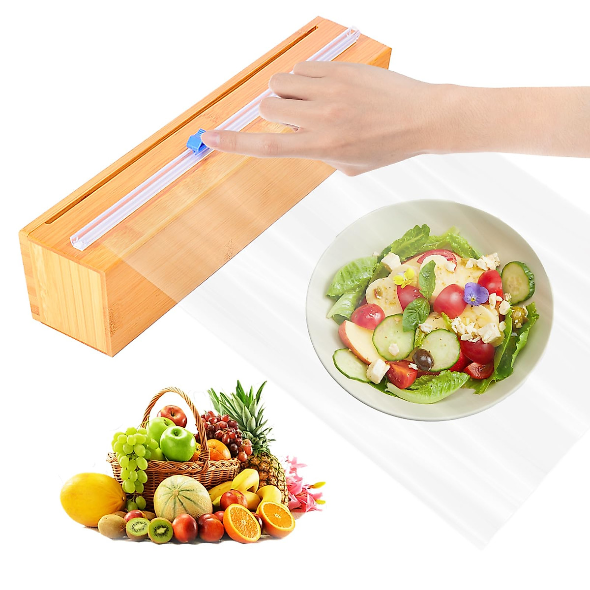 BoxThink Bamboo Wood Plastic Wrap Dispenser with Slide Cutter Also for 12 inch Aluminum foil, Parchment Paper, Cling Wrap Dispenser Sturdy and Reusable (12inch With Slide Cutte)