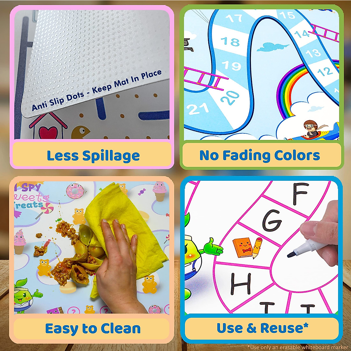 Toddler Placemats (12 to 48 Months) Set of 4 Placemats, Education Placemats for Kids, Non Slip Placemats for Dining Table, Easy to Clean Wipeable Reusable Plastic Placemats