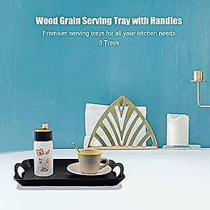 LEEHOWA 3 Pack 16” Plastic Tray with Handles Rectangle Serving Set, Breakfast Trays Handles, Restaurant Set for Food, Waterproof and Non Slip Tray(Black Wood Grain)