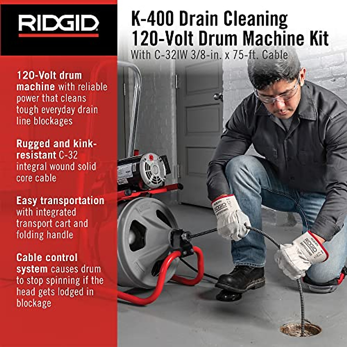 RIDGID 52363 Model K-400 Drain Cleaning 120-Volt Drum Machine Kit with C-32IW 3/8" x 75' Cable