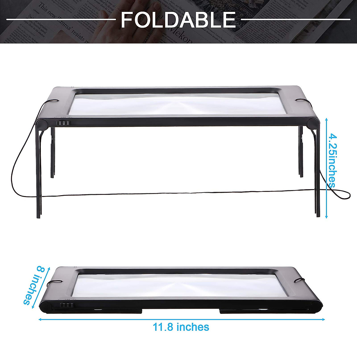 Rectangular Page Magnifier with 12 LED Lights 3X Magnifying Glass Folding and Hands-Free Led Full-Page Magnifier with Dual Power Mode for Elder, Low Vision People to Read Small Prints
