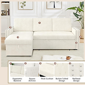 HUMEHA Reversible Sleeper Sectional Sofa, Tufted Chenille L-Shaped Couch with Storage and Pull Out Bed, Convertible Sectional Sleeper Sofa with Nailhead Trims for Apartment Living Room, Beige