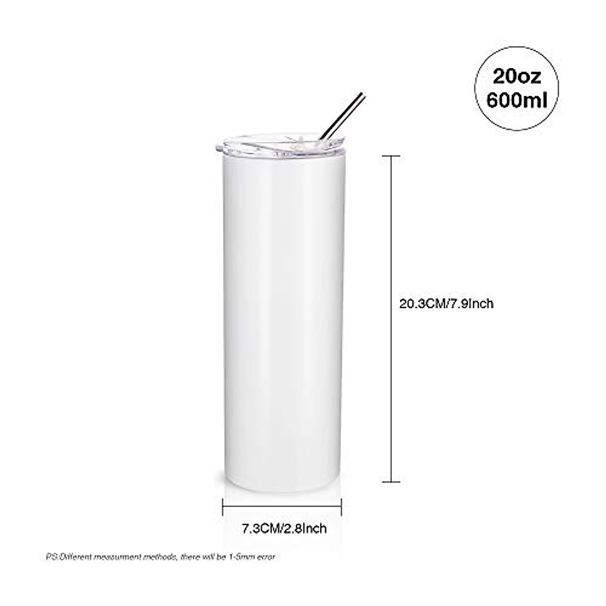 PYD Life Sublimation Blanks Skinny Tumbler White 20 OZ Straight Stainless Steel Tumbler with Metal Straw for Mug Tumbler Heat Press Machine Sublimation Printing 4 Pack