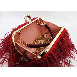 QEBURI Women Fluffy Ostrich Feather Evening Dress Clutch Bag Purse Shoulder Bag (Wine)