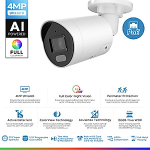 4MP Mini Bullet PoE IP Camera Outdoor, Strobe Light & Audible Warning, 131ft Full Color Night Vision, VCA, Human/Vehicle Detection, F1.0 Aperture, 2-Way Audio, 130dB WDR, 2.8mm Lens, Hik-Connect APP